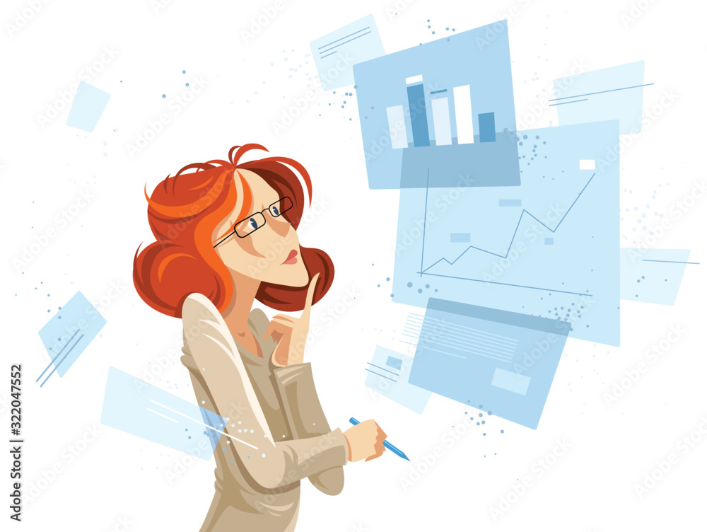 Business woman discovering graphs statistics vector cartoon ...