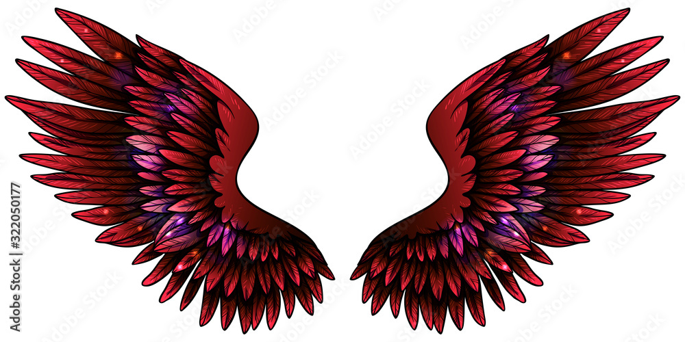 Beautiful magic bright shiny glittery red pink wings, hand drawn vector ...