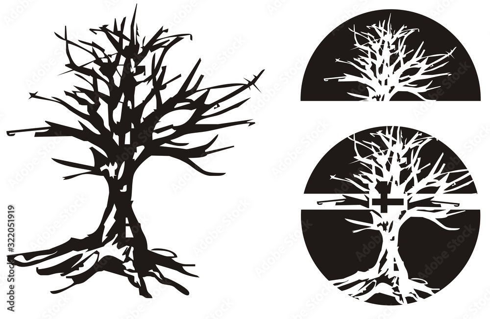 Black and white ornate tree symbols. Silhouette wood - three options ...