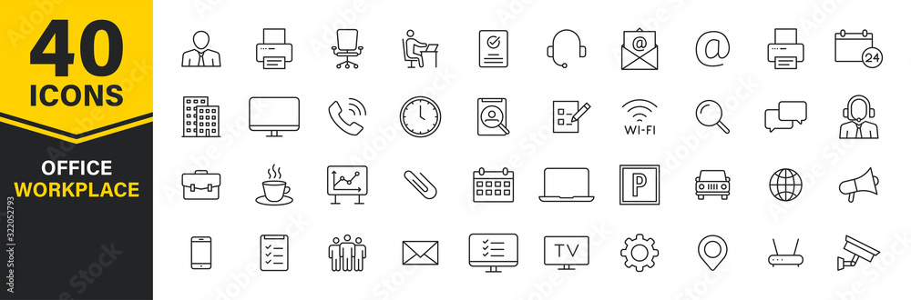 Set of 40 Office and workplace web icons in line style. Teamwork ...