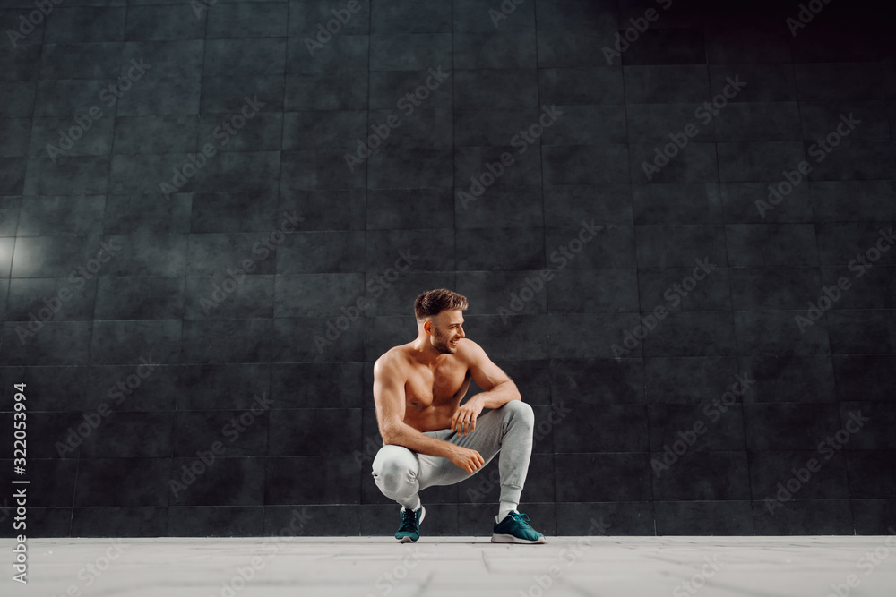 Handsome caucasian shirtless muscular blond bearded man crouching in ...