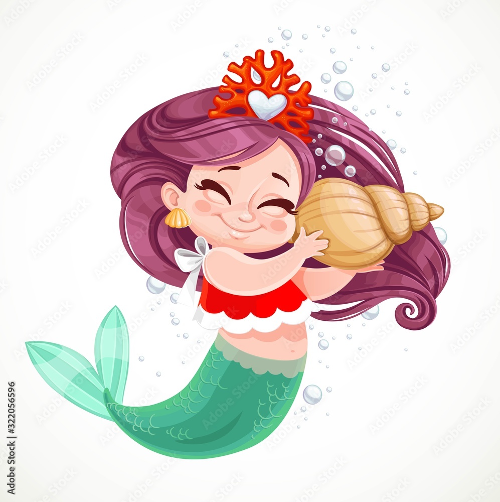 Cute little mermaid girl in coral tiara listening to the sounds of a ...