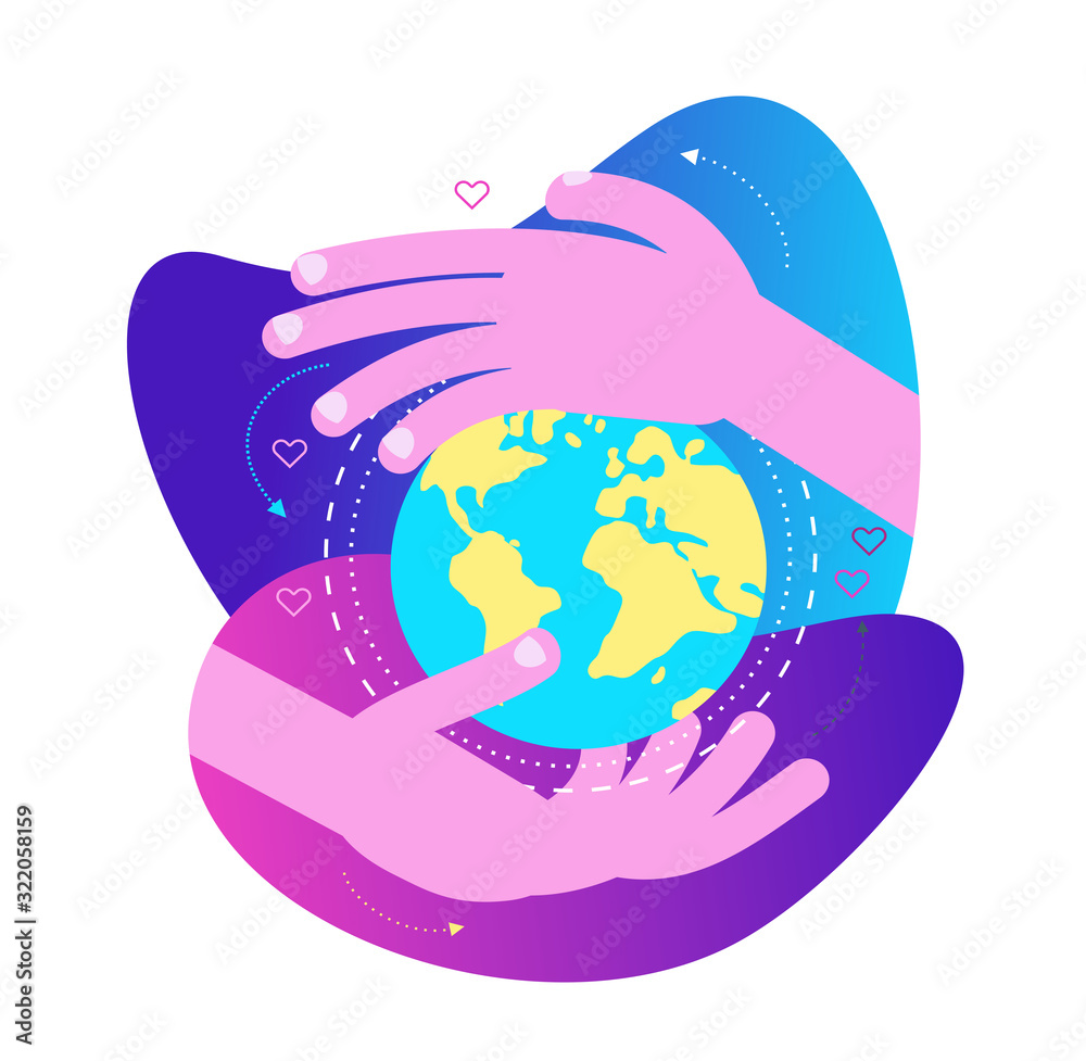 Ecological illustration. Earth day. The hands of the person hugging the ...
