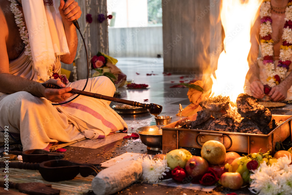 Indian Hindu Traditional Pooja. Vedic fire ceremony called Yagya ...