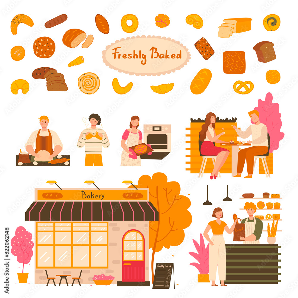 People in bakery, fresh pastry products, vector illustration. Cozy ...