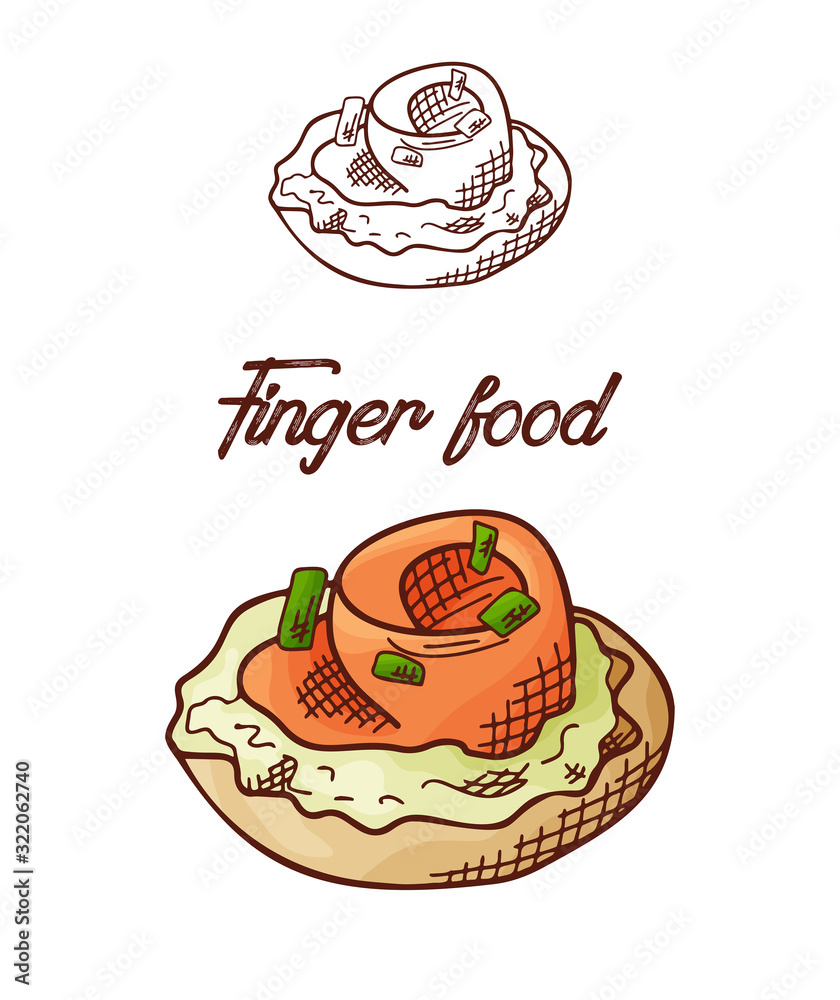 Hand drawn finger food element. Appetizers served in sketch style ...