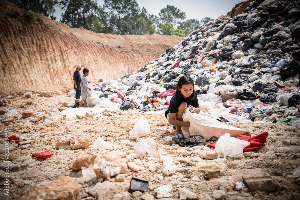 Poor children collect garbage for sale because of poverty, Junk recycle ...