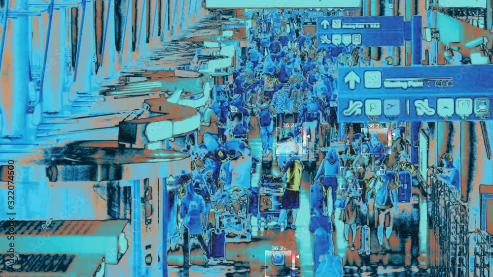 Thermal imaging simulation scanning body heat signature of arriving ...