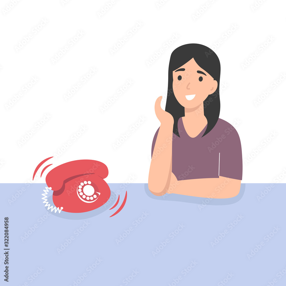 Happy girl receive an incoming call. Flat vector cartoon illustration ...
