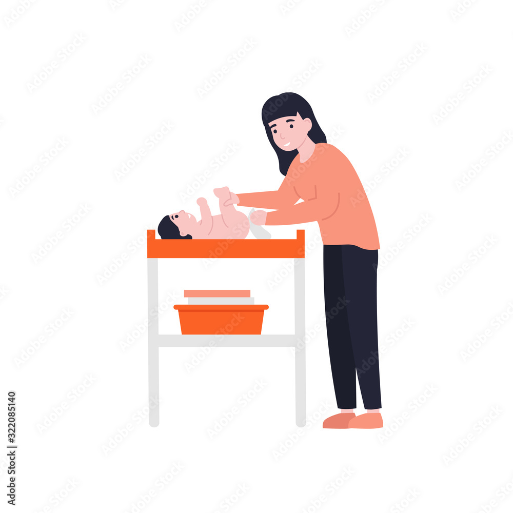 Mother and baby change diaper on changing table in clean dry nappy ...