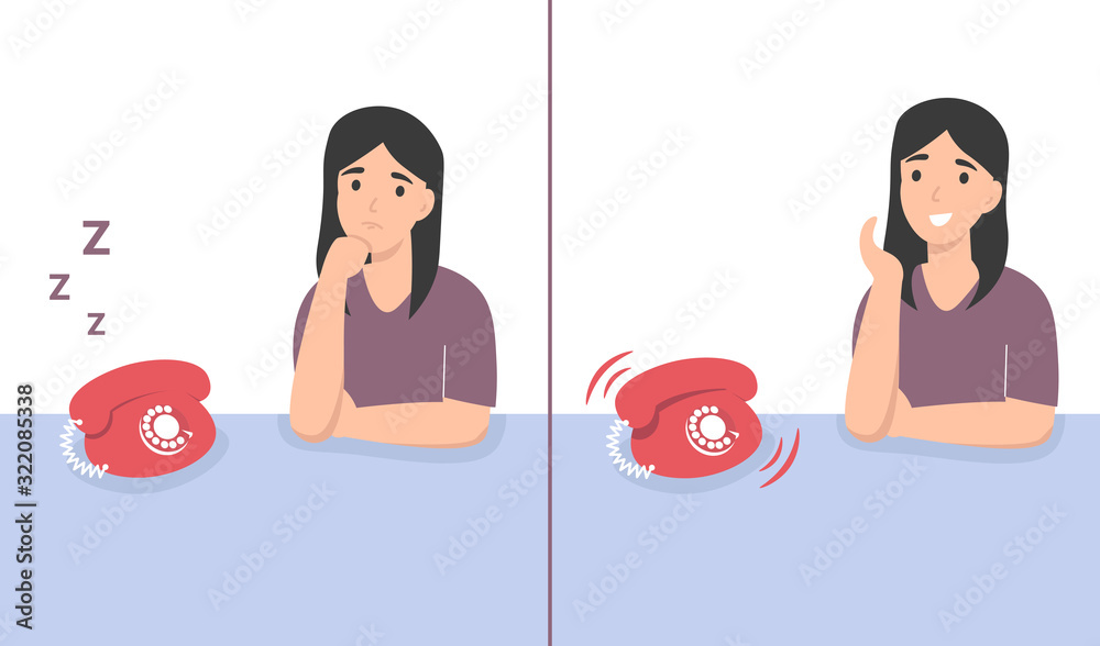 Sad woman is waiting for a call. Happy girl receive an incoming call ...