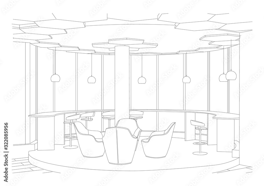 Outline sketch of a modern cafe with sofa and tables. Large windows and ...