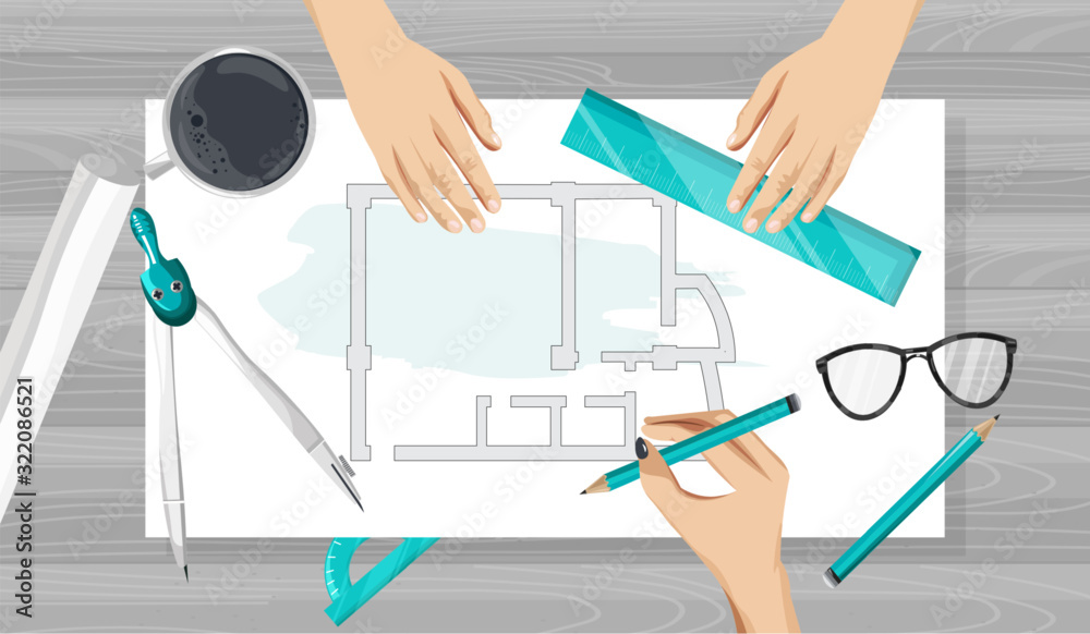 Architect hands drawing a blueprint with rulers, compass and pencil ...