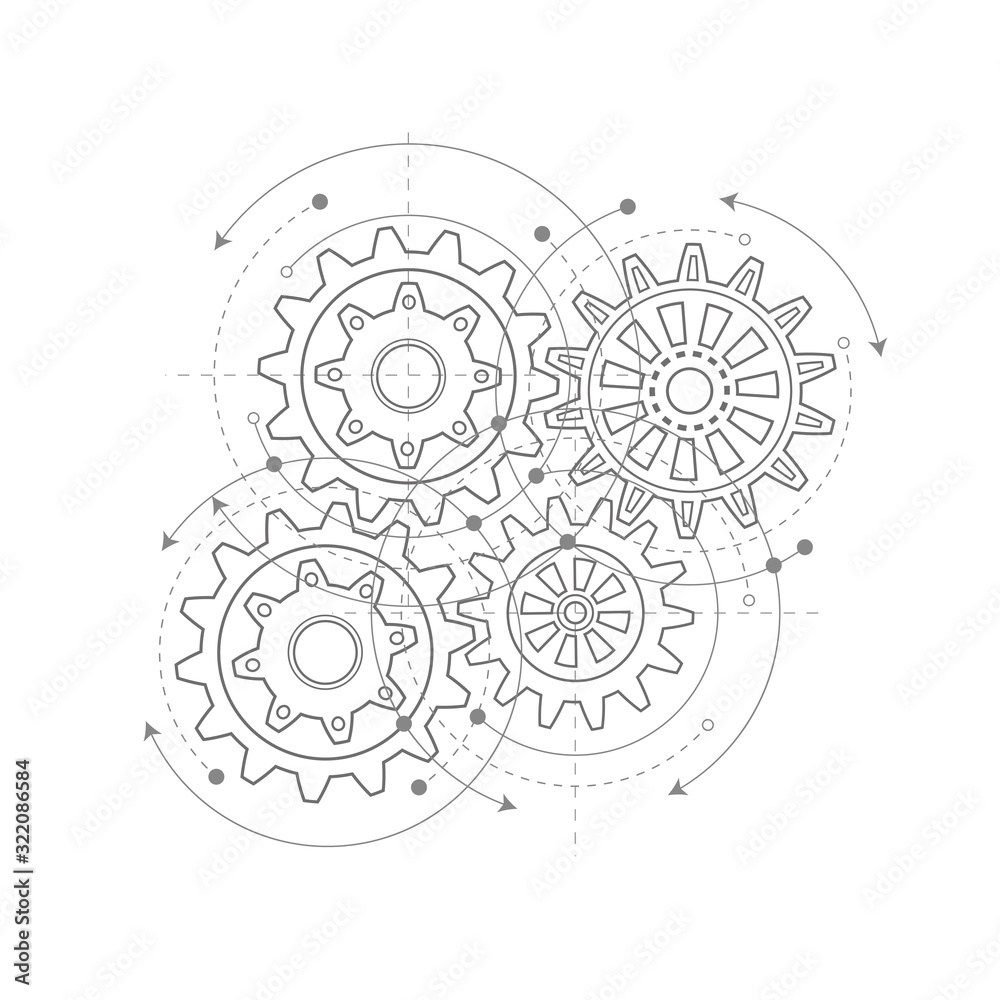 Technical drawing of gears .Rotating mechanism of round parts .Machine ...