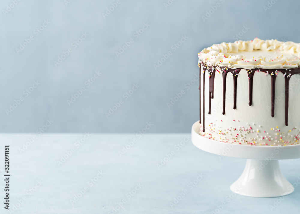 Birthday Drip Cake with chocolate ganache and sprinkles on a light ...