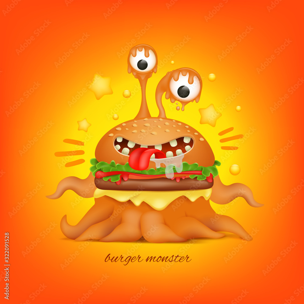 Cartoon funny octopus monster burger mutant character with tentacles ...
