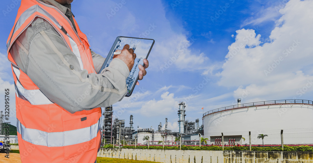 Panorma image Worker Oil Refinery discussion and pointing for ...