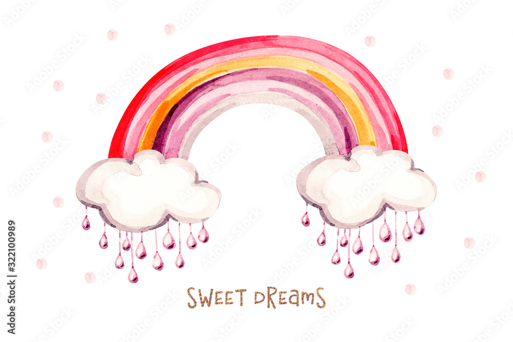 Watercolor nursery greeting cards with Color Rainbow, Clouds, raindrops ...