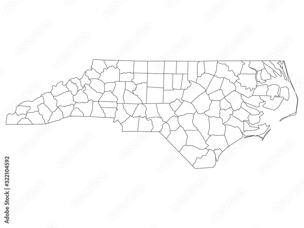 White Outline Counties Map of US State of North Carolina Stock Vector ...