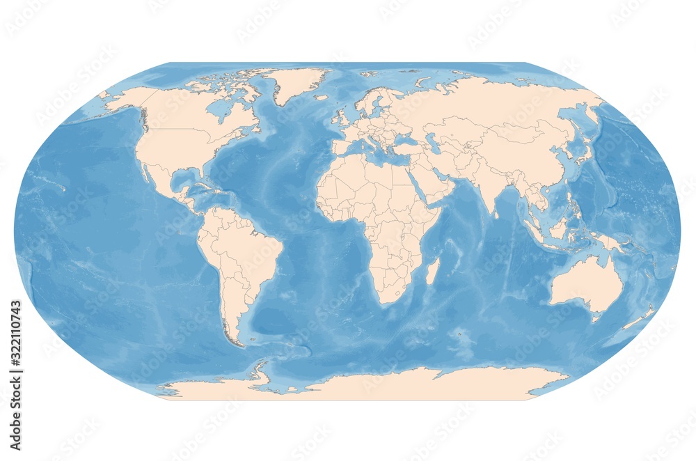 World map with ocean depths in Robinson projection, detailed vector ...