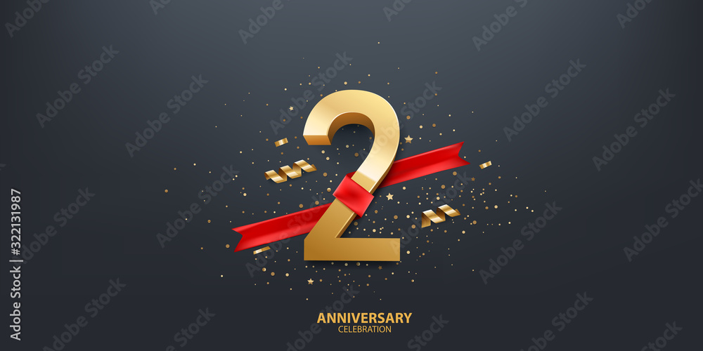 2nd Year anniversary celebration background. 3D Golden number wrapped ...