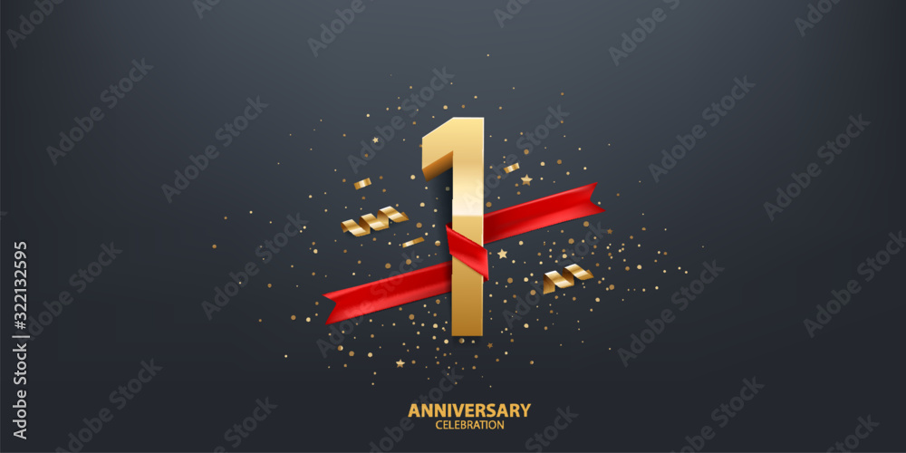 1st Year anniversary celebration background. 3D Golden number wrapped ...