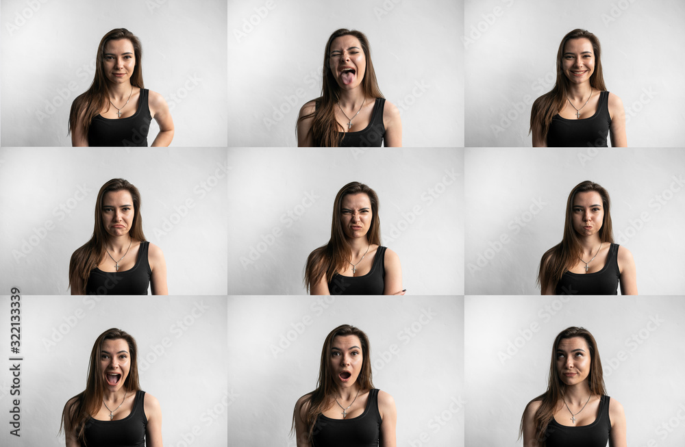 Set of young woman's portraits with different emotions. Young beautiful ...