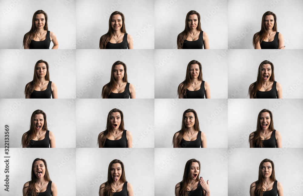 Set of young woman's portraits with different emotions. Young beautiful ...
