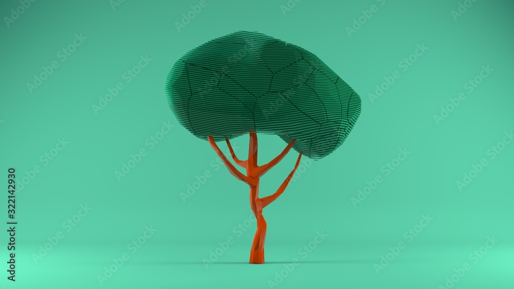 3D rendering of a polygonal model of a green tree with a crown cut into ...