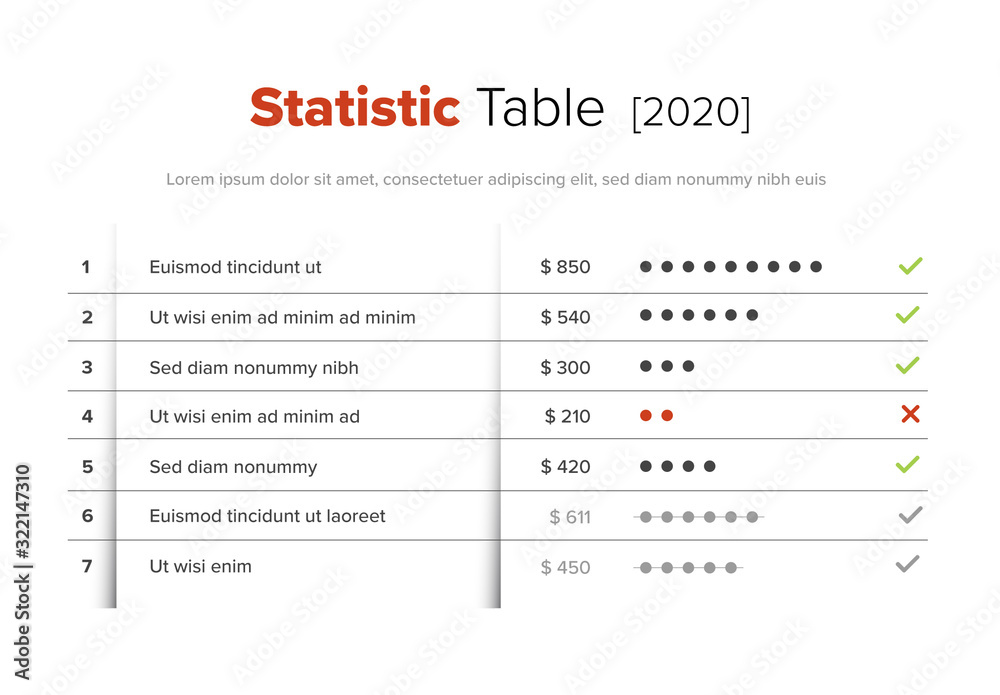 Infographic Table Layout with Dotted Graph and Text Values Stock ...