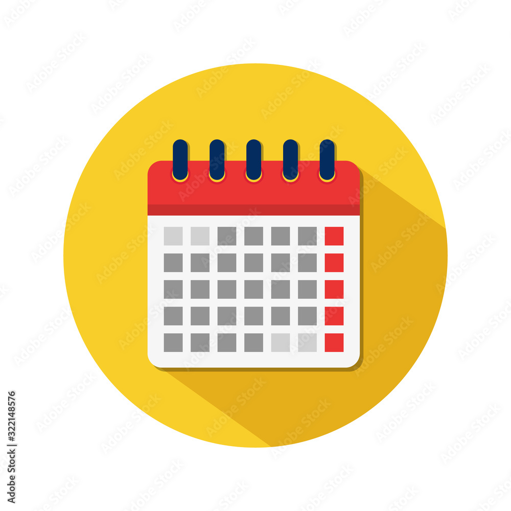 Flat calendar icon. Appointment event date in spiral calendar in yellow circle. Business ...