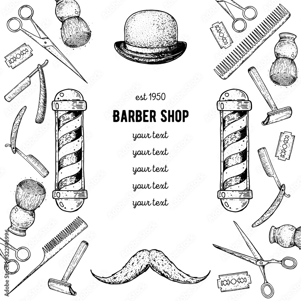Barber shop hand drawn vector illustration. Engraving label for ...