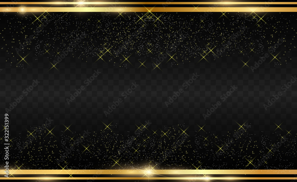 Gold glitter with shiny gold frame on a transparent black background ...