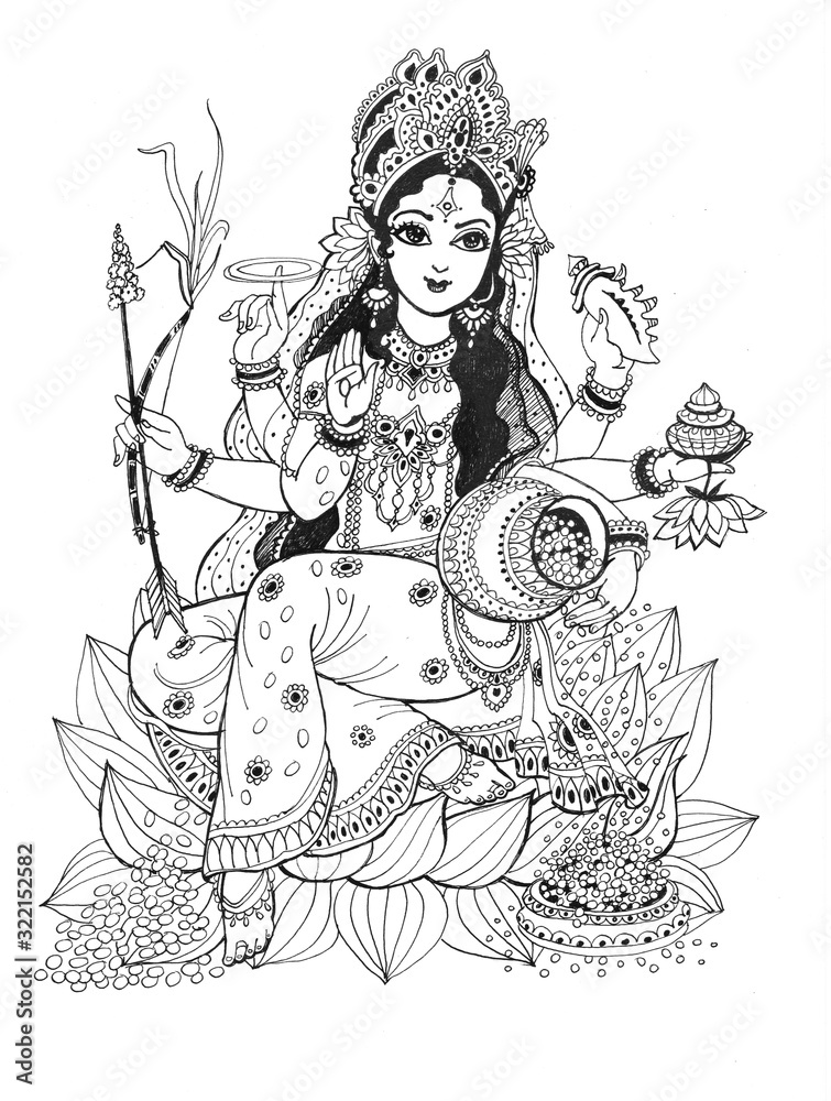 The goddess Lakshmi sits on a lotus flower with various attributes of ...