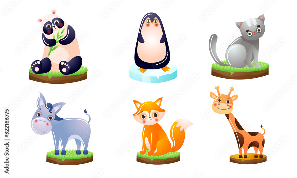 Set of different colorful cute animals. Vector illustration in flat ...