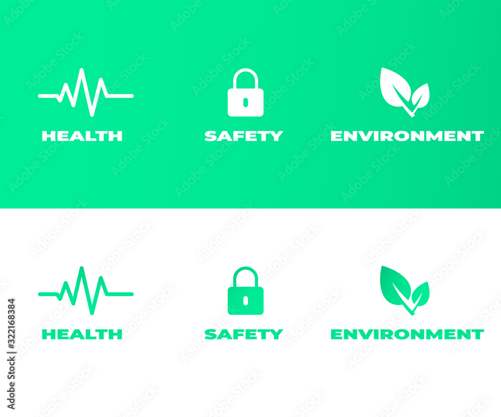 HSE pictograms concept. Health Safety Environment themed icons on green ...