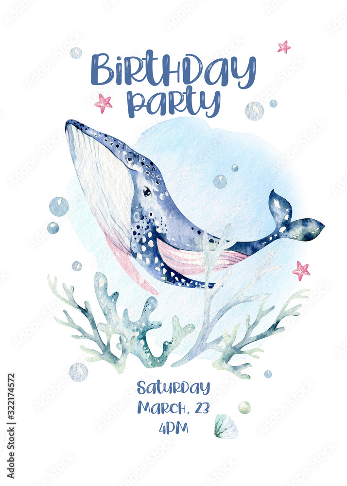 sea animals aquarium baby happy birthday poster. Blue watercolor ocean ...