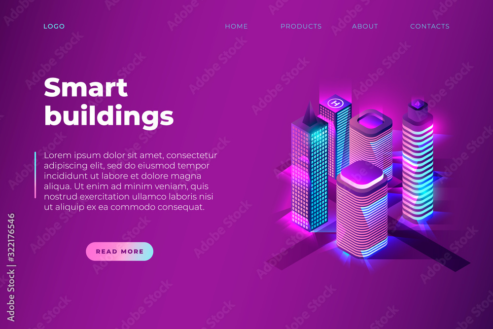 Smart Buildings website page template with isometric neon night ...