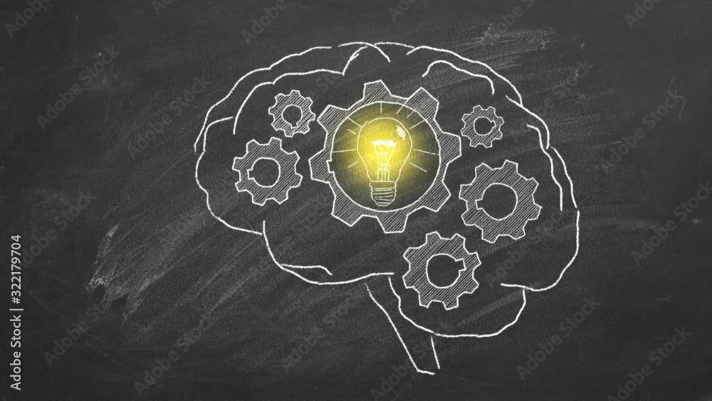 Rotating gears inside the human brain. Illustration on blackboard. Idea ...