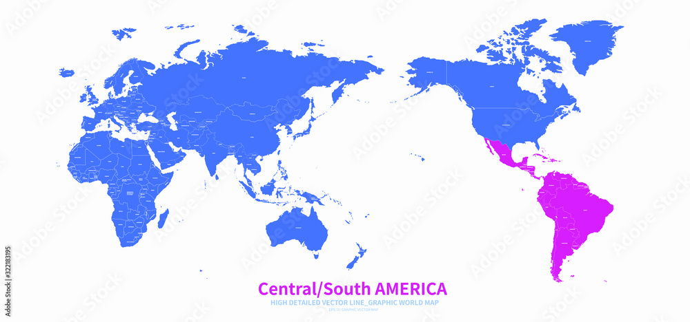 world map. detailed line vector world map. continental world map with ...