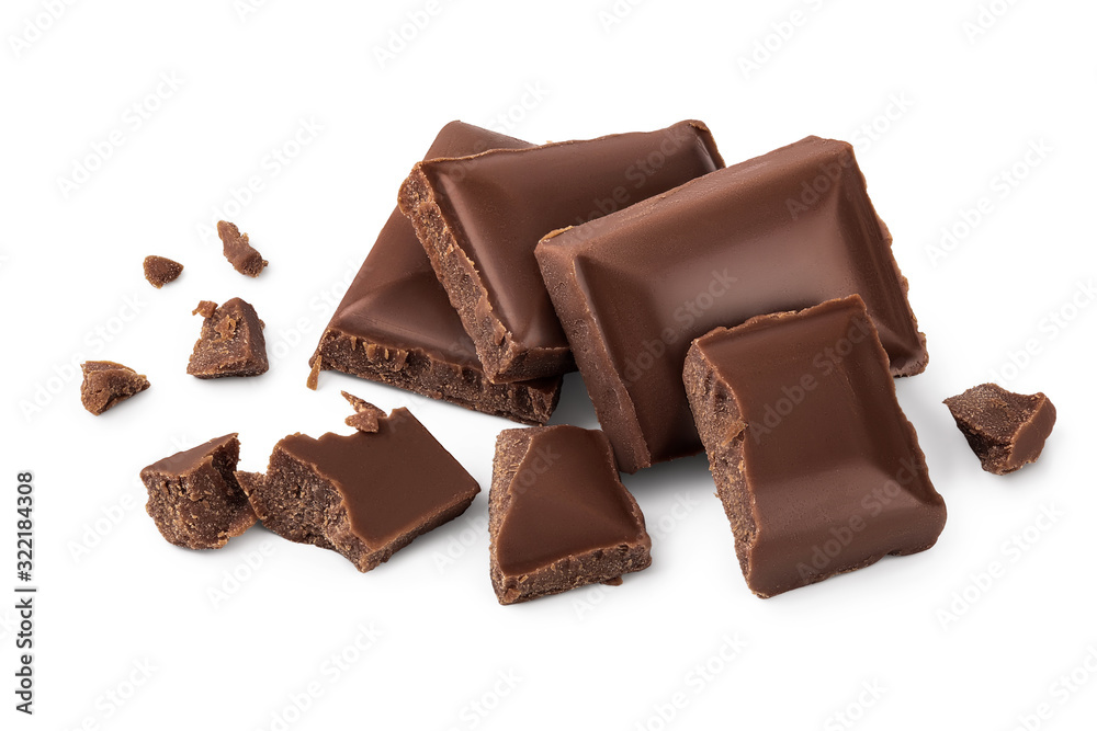 Small dark chocolate pieces isolated on white background with clipping ...