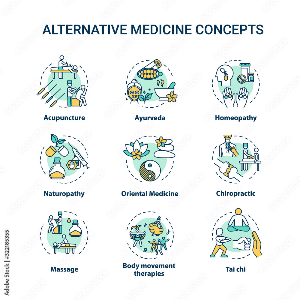 Alternative medicine concept icons set. Complementary therapies idea ...