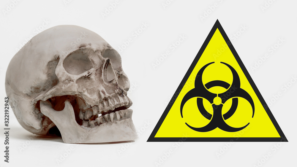 A human skull next to a biohazard sign. Triangular bio infection sign ...