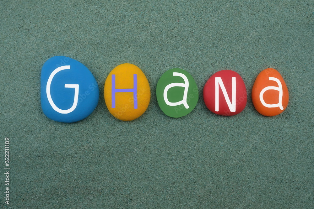 Ghana, african country name composed with colored stone letters over ...