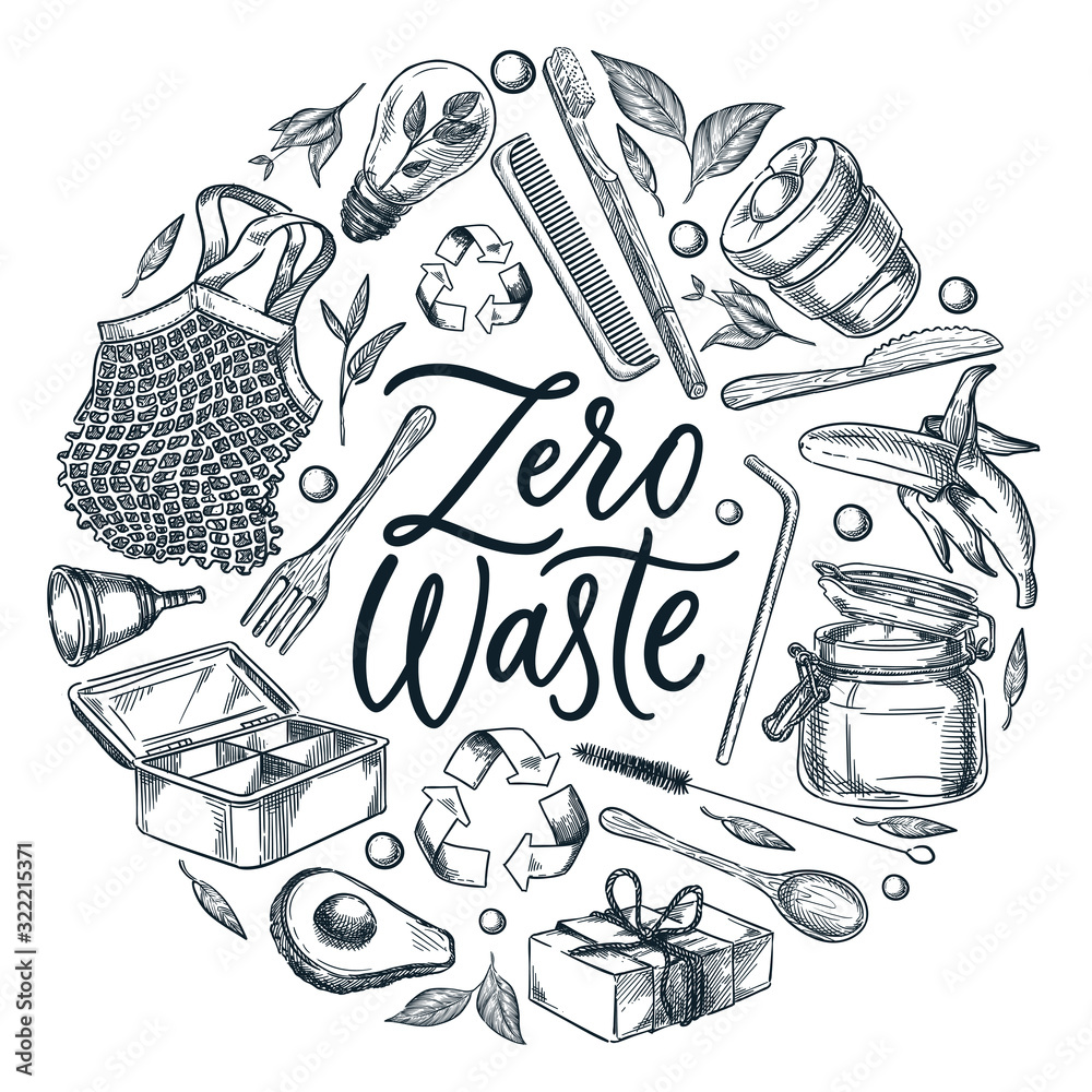 Zero waste calligraphy lettering poster design template. Vector sketch ...