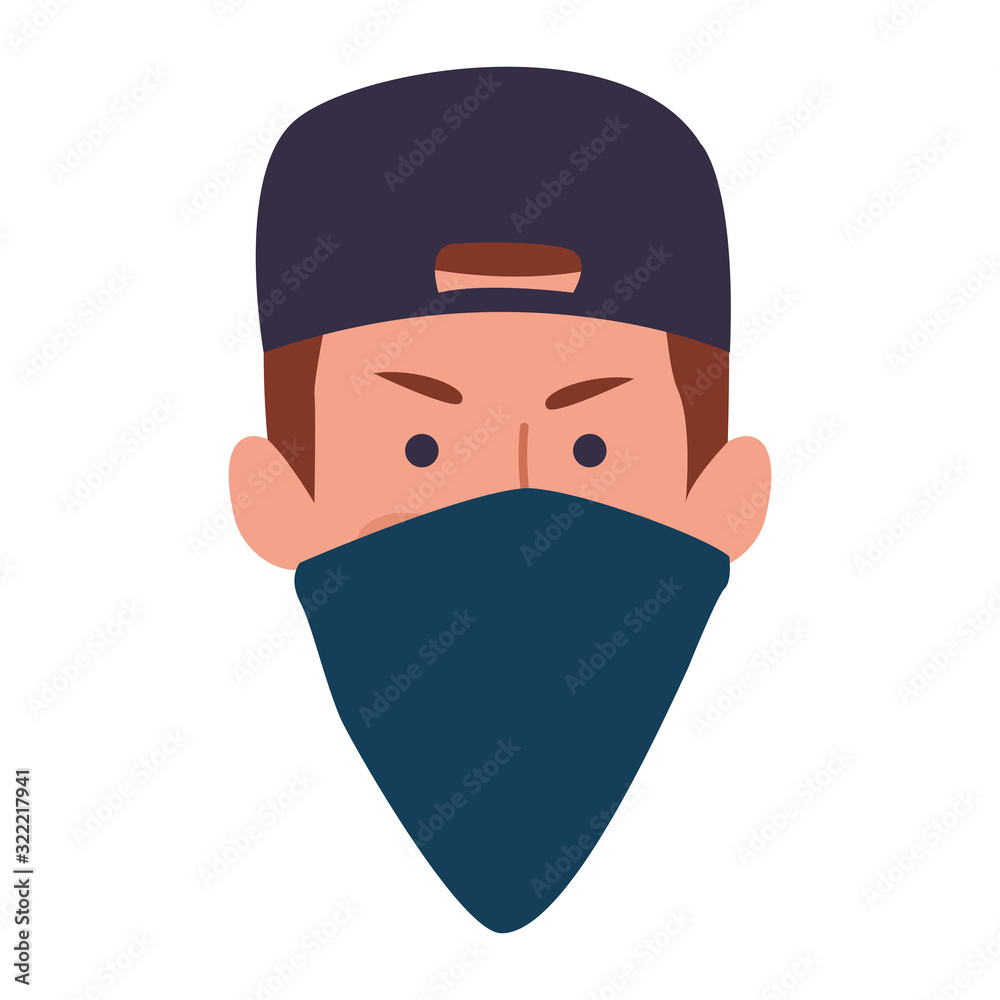 cartoon man face with cap and mask bandana, colorful design Stock ...