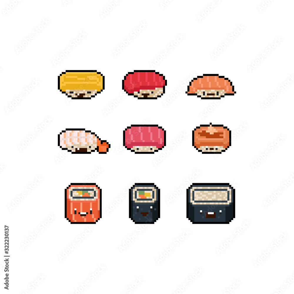 Pixel art cute cartoon sushi charactger set. Stock Vector | Adobe Stock