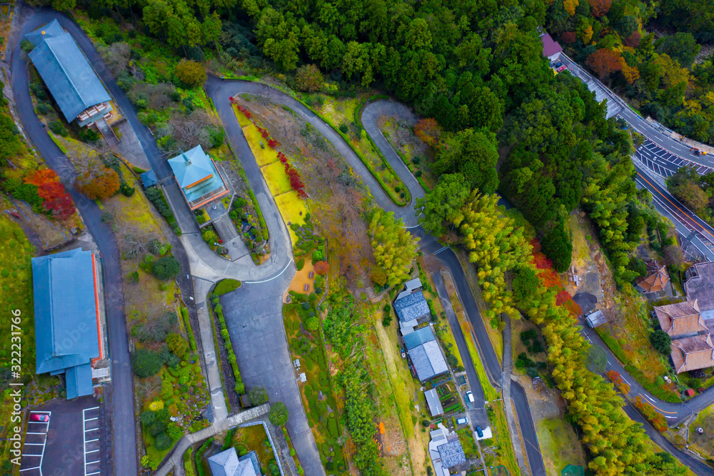 aerial view of road way step to hill mountain at countryside of Japan ...