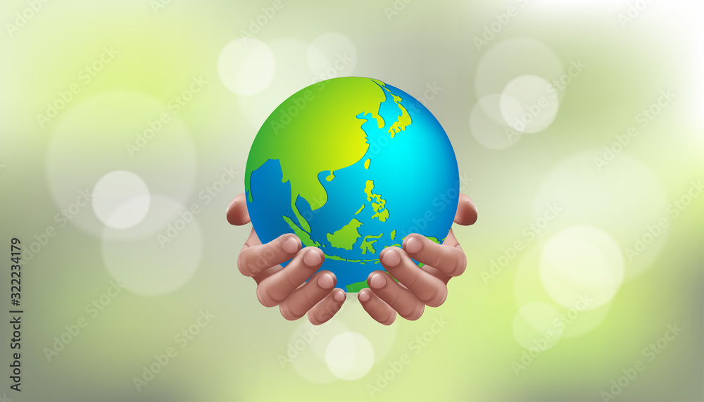 Earth day save our planet concept. Human hands holding globe with bokeh ...