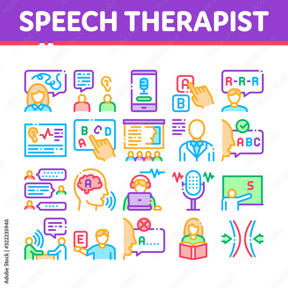 Speech Therapist Help Collection Icons Set Vector. Speech Therapist ...